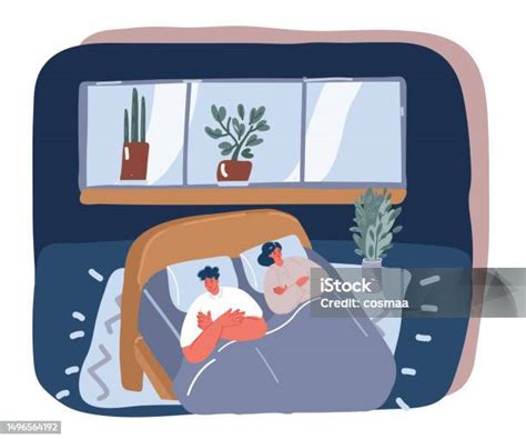 만화 벡터 삽화는 어두운 배경 위에 나쁜 감정적 느낌을 가진 침대에서 잠 못 이루는 남자와 여자 캐릭터 Health에 대한 스톡