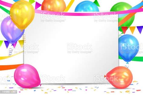 생일 축하 디자인입니다 현실적인 다채로운 헬륨 풍선 깃발 화환 및 흰색 시트 생일 기념일 축하를 위한 파티 장식 프레임 벡터 일러스트 레이 션 Eps 10 갈란드 장식품에