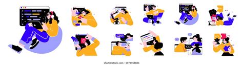 Programming Illustration Set Different Characters Working Stock Vector