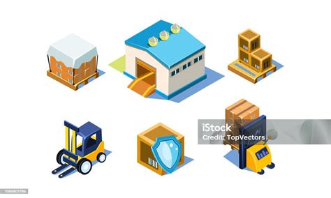 벡터 집합 창 고 및 물류 장비입니다 포크 로더 상자 및 건물입니다 웹사이트를 위한 그래픽 요소입니다 3d 아이콘 공장 산업 건물에 대한 스톡 벡터 아트 및 기타 이미지