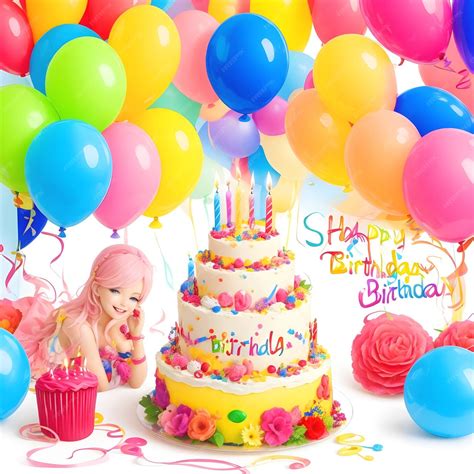 Premium Photo Happy Birthday Wishes With Balloons Candles And Cake