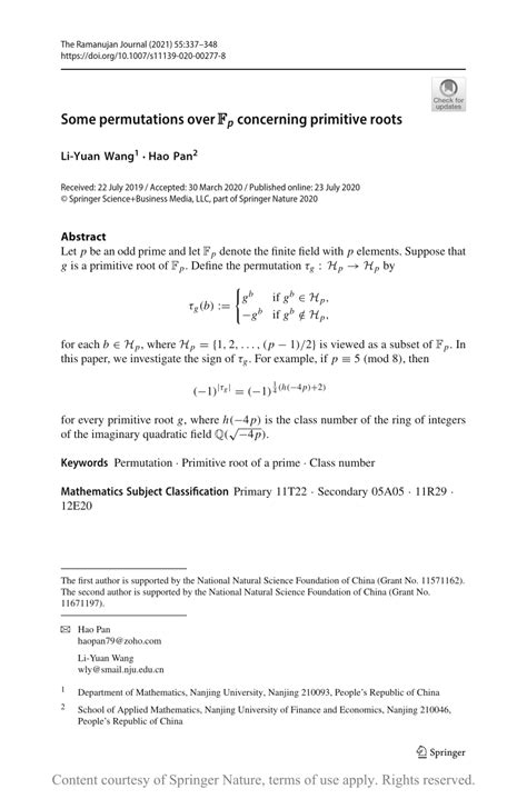 Some Permutations Over Pmb Mathbb F P Concerning Primitive Roots