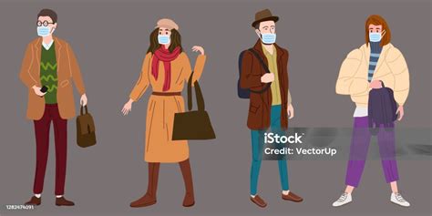 현대 가을 트렌디 한 옷을 입고 젊은 사람들 여자 남자를 설정합니다 의료 마스크에서 바이러스 스모그 증기로부터 개별 보호 패션 캐주얼 아우터 스트리트 스타일 캐릭터 플랫