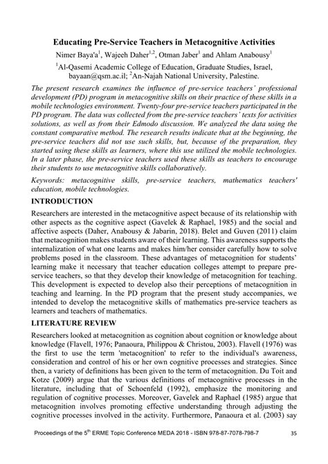 Pdf Educating Pre Service Teachers In Metacognitive Activities