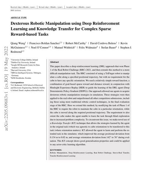 pdf dexterous robotic manipulation using deep reinforcement learning