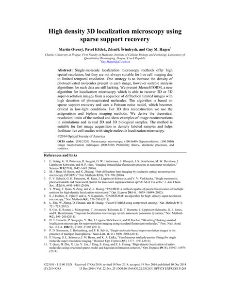 Pdf High Density 3d Localization Microscopy Using Sparse Support Recovery