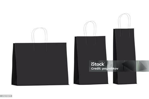 흰색 배경에 고립 된 트위스트 로프 손잡이가 있는 검은 종이 선물 가방 사실적인 벡터 모형 세트입니다 빈 거싯 패키지 템플릿입니다 디자인을 위한 목업 3차원 형태에 대한