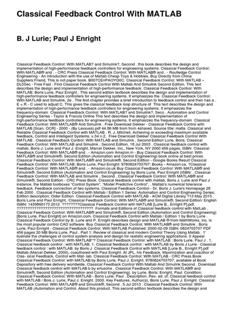 Classical Feedback Control With Matlab B J Lurie Paul J Enright Pdf