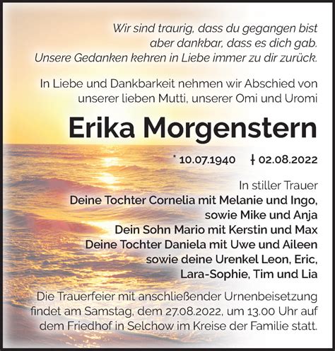 Traueranzeigen Von Erika Morgenstern Märkische Onlinezeitung Trauerportal