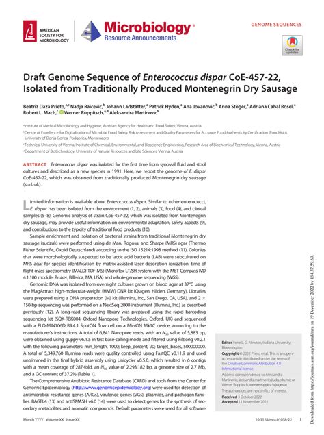Pdf Draft Genome Sequence Of Enterococcus Dispar Coe 457 22 Isolated