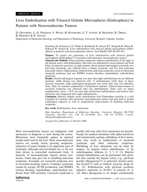 Pdf Liver Embolization With Trisacryl Gelatin Microspheres Embosphere In Patients With