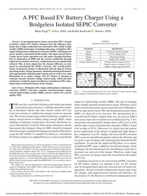 Pdf A Pfc Based Ev Battery Charger Using A Bridgeless Isolated Sepic Converter