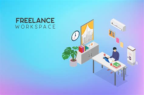 프리랜서 프로그래머 및 엔지니어링 개발 일러스트레이션 개인용 컴퓨터 또는 노트북 벡터 일러스트레이션의 웹 디자인 전문 직원 대행사 아이소메트릭 벡터 프리랜서 작업 공간 룸