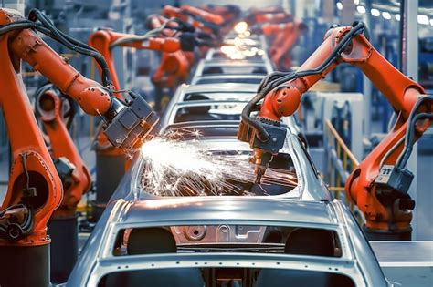 Premium Photo Automated Robotic Arms Welding And Assembling Vehicle Parts In An Automotive Factory