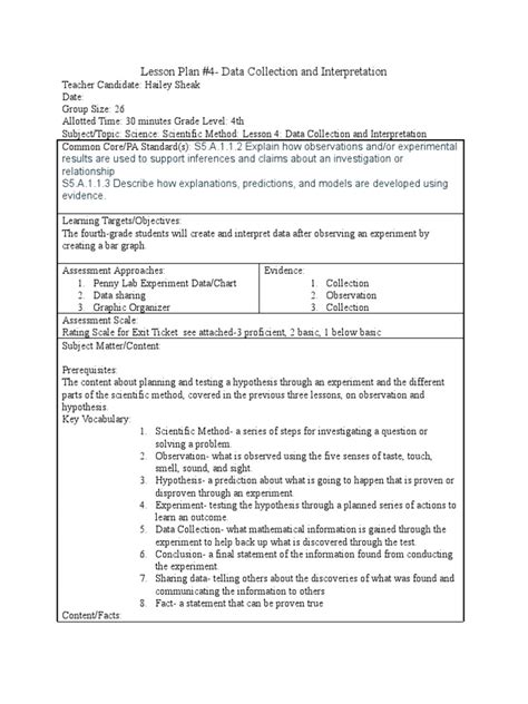 Lesson Plan 4 Data Collection And Interpretation Pdf Experiment Hypothesis