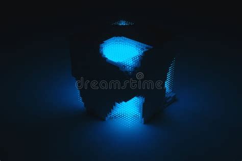 Abstract Background Of Blue Neon Cyber Cubes At Night In The Room Stock
