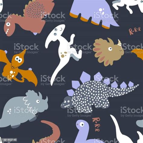 공룡과 매끄러운 패턴 섬유 포장 직물 벽지에 대한 아기 배경 벡터 일러스트 레이 션 공룡에 대한 스톡 벡터 아트 및 기타 이미지 Istock