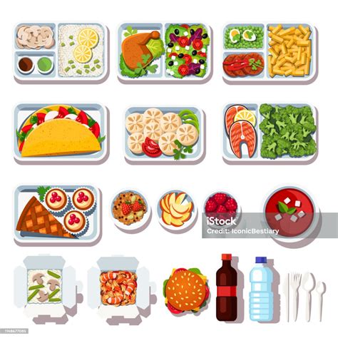 테이크 아웃 식사 구색 일회용 접시와 식기류에 준비 된 테이크아웃 음식 레스토랑에서 점심 식사를 하세요 평면 스타일 벡터 일러스트 카페테리아에 대한 스톡 벡터 아트 및 기타