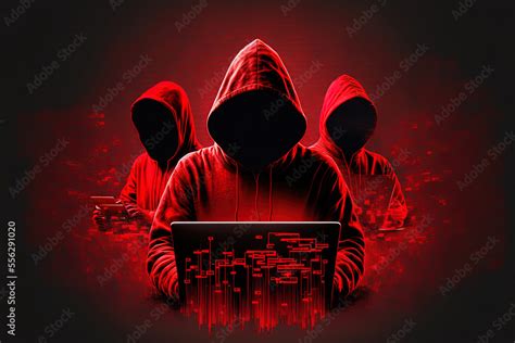 Faceless Hackers In Red Shadows Using Laptops Along With Abstract Digital Symbols Generative
