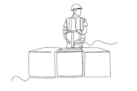 단일 선 그리기 공장 직원은 푸시 트롤리 공급망 관리 개념 연속 선 그리기 디자인 그래픽 벡터 그림에 상자 패키지를 제공합니다