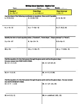 Algebra Printable Linear Equations Test Or Study Guide 30 Questions
