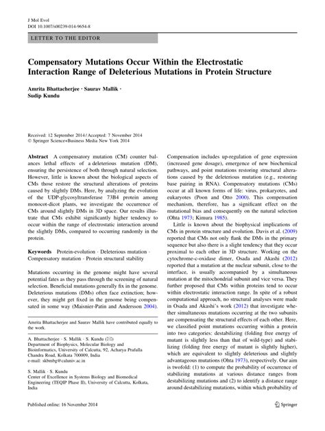 Pdf Compensatory Mutations Occur Within The Electrostatic Interaction