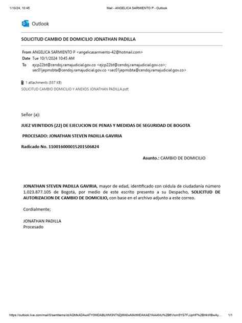 Soporte Radicacion Solicitud Cambio Domicilio Jonathan Padilla Pdf