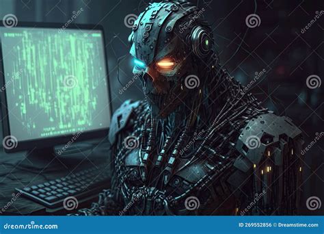 Hacker Robot Hacks A Computer In Front Of A Monitor Concept Of