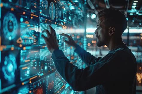 A Young Man Is Using A Futuristic Computer Interface He Is Wearing A