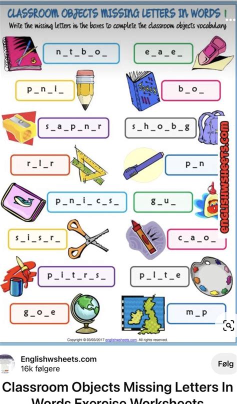 Classroom Objects Missing Letters Worksheet