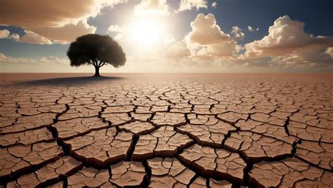 Single Tree In A Desert Landscape With Blue Sky Drought Ground Alone Social Issue Climate