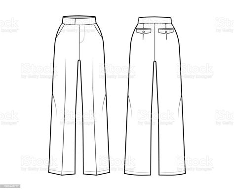 바지 테일러드 테크니컬 패션 일러스트와 연장 된 정상 허리 하이 라이즈 전체 길이 경사 슬래시 포켓 0명에 대한 스톡 벡터 아트