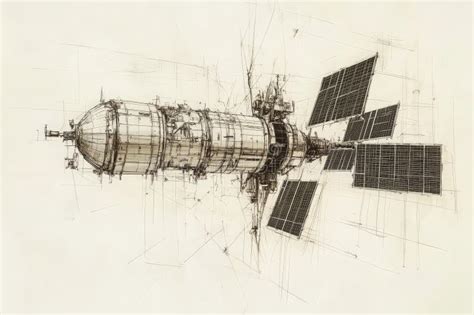 Futuristic Satellite Sketch Featuring Solar Panels And Detailed Design Stock Illustration