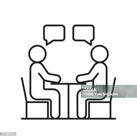 사람들은 만남 테이블에서 평등 파트너 아이콘 라인에 대해 이야기합니다 직장 비즈니스 파트너십에 대한 남자 커뮤니케이션 말풍선과의