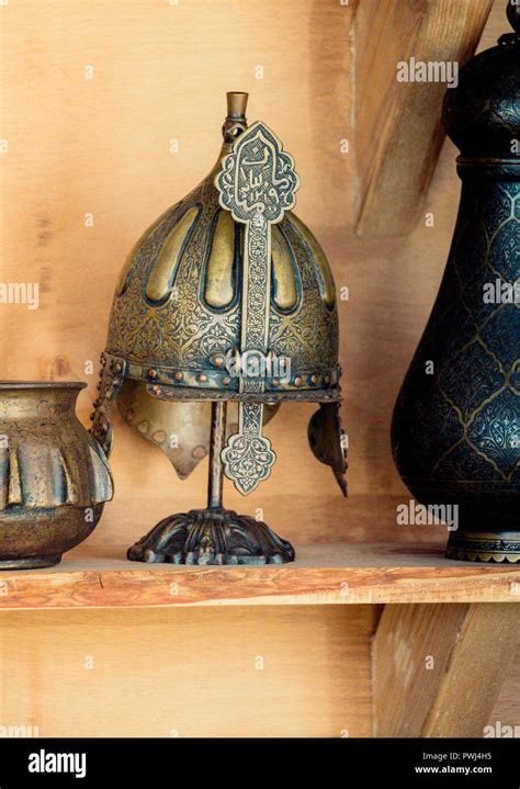 Decorative Metal Helmets Of Warriors Of Turkish Ottoman Empire Stock