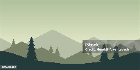 복고풍 플랫포머 스타일의 전나무가 있는 녹색 아침 산 풍경의 간단한 벡터 픽셀 아트 수평 그림 0명에 대한 스톡 벡터 아트 및 기타 이미지 Istock
