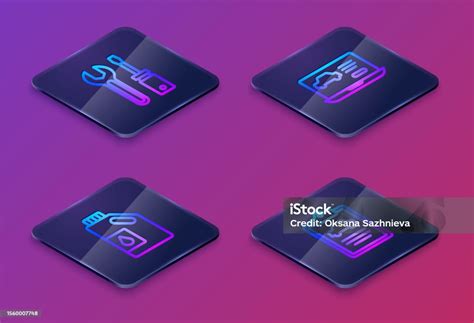 아이소메트릭 라인 드라이버 및 렌치 스패너 모터 오일용 캐니스터 자동차 진단 상태 및 자동차 검사를 설정합니다 파란색 사각형 버튼입니다 벡터 3차원 형태에 대한 스톡 벡터