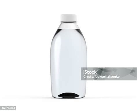 흰색 배경에 분리 된 액체가있는 흰색 유리 병 빛과 그림자가 있는 사실적인 3d 렌더링 투명 유리 물 용기 모형 팩 광고용 아이템입니다 제품의 시각화 0명에 대한 스톡 사진