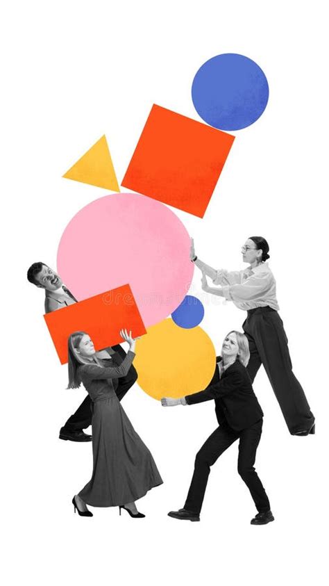 Contemporary Art Collage Group Of Professionals Balancing Geometric Shapes Symbolizing Problem