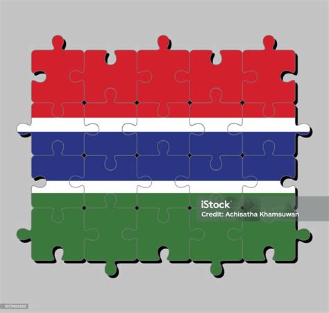 감비아의 지 그 소 퍼즐 파란색과 녹색 빨간색 플래그 하 고 흰색의 좁은 밴드를 구분 성취 또는 완벽의 개념입니다 감비아에 대한 스톡 벡터 아트 및 기타 이미지 Istock
