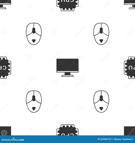 Set Processor With Cpu Computer Monitor Screen And Mouse On Seamless Pattern Vector Stock