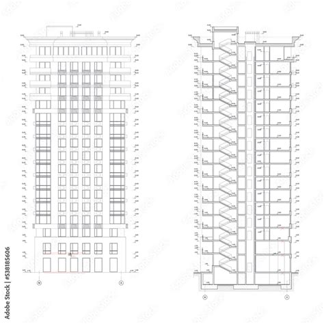 Póster Multistory Building Section Detailed Architectural Technical Drawing Vector Bl Cuadro