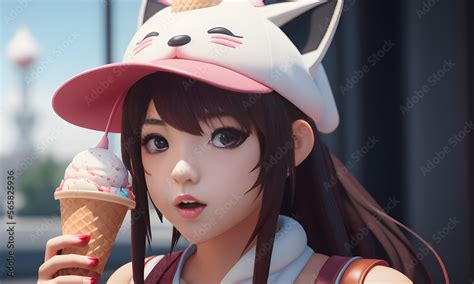 Cute Anime Girl Wearing A Fox Hat And Eating An Ice Cream Cone Funko