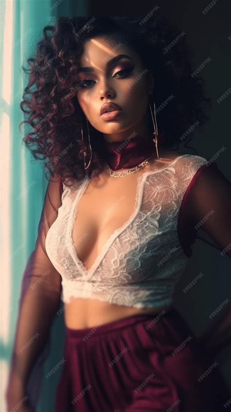 Premium Ai Image Balck Woman Model With Curly Hair In Erotic Outfit
