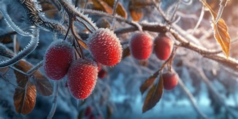 Premium AI Image Ice Storm Trees And Red Fruit Freeze In Winter AI