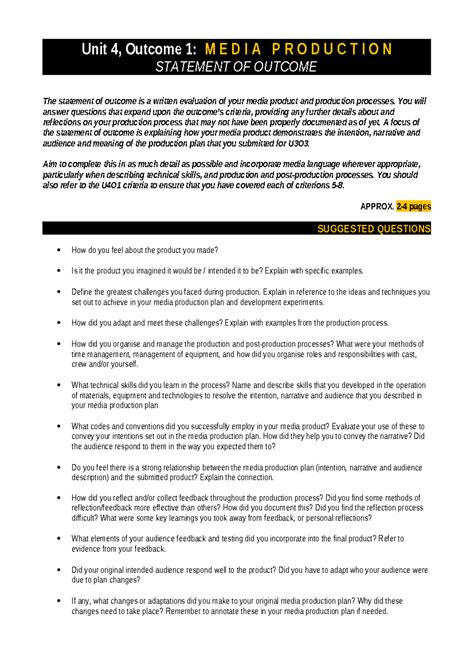 U4o1 Statement Outcome Unit 4 Outcome 1 M E D I A P R O D U C T I O N Statement Of Outcome
