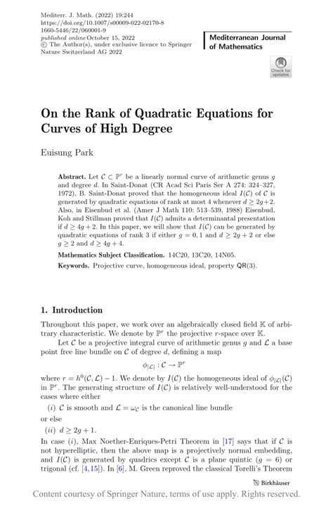 On The Rank Of Quadratic Equations For Curves Of High Degree Request Pdf