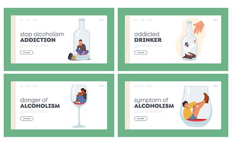 알코올 중독 랜딩 페이지 템플릿 세트를 가진 사람들 남성과 여성 캐릭터는 와인 글라스 또는 병 바닥에 앉아 있습니다 우울함에 대한 스톡 벡터 아트 및 기타 이미지 Istock