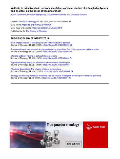 Pdf Wall Slip In Primitive Chain Network Simulations Of Shear Startup Of Entangled Polymers