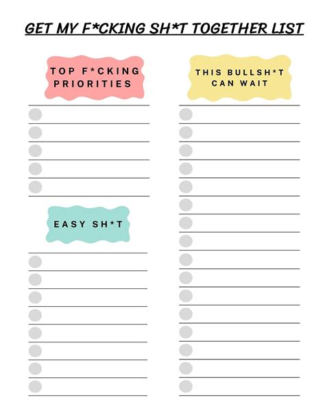 Get Your Fcking Sht Together List To Do List Printable Simple Tasks